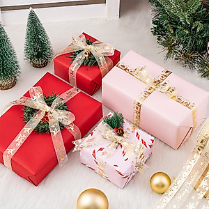 Holijolly Christmas Gold Sheer Ribbon - Merry Christmas Tree and Star Snow Yarn Ribbon for Gift Wrap, Decorating - 3/4 inch x 10 Yard