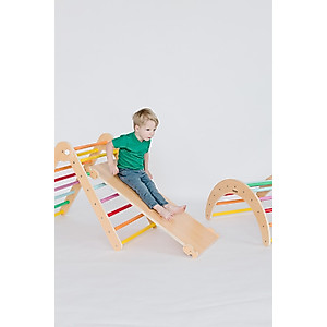 Beright 4 in 1 Pikler Triangle Gym, Montessori Foldable Climber with Ramp, Indoor Climbing Toys for Kids, Climbing Triangle for Toddlers Arch Climber, Rocker, Learning Waldorf Children Toy, Rainbow