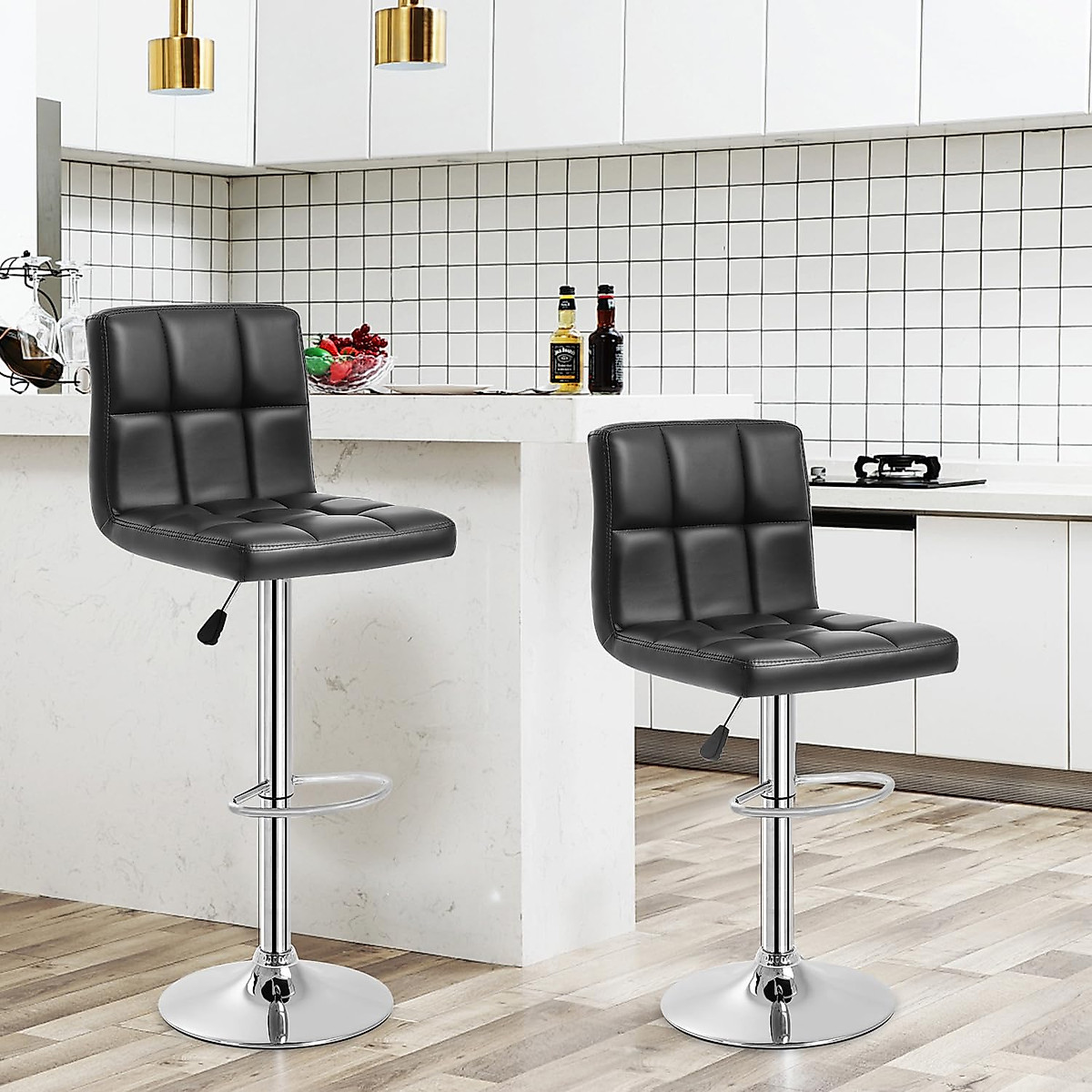 FDW Counter Height Swivel Bar Stools PU Leather Padded with Back,Set of 2 Height Adjustable Counter Stool Barstools Dining Chair,Black