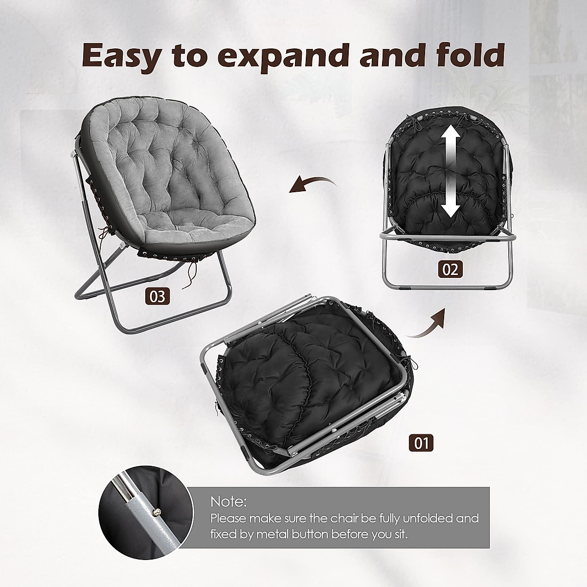 iw I WISH Saucer Chair for Adults,Folding Saucer Chair,Oversized Saucer Chair,Comfy Foldable Chair for Bedroom,Moon Chair，300 lbs (Grey)