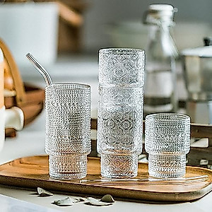 Glass Cups Vintage Glassware | Set of 4 Large, Embossed Stackable Pattern Style Transparent Cocktail Glasses Set, Ice Coffee Cup Juice Drinkware, Clear, 310ml (L)