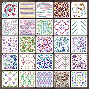 6 Inch Wall Texture Stencils for Painting, 25 Pieces Reusable DIY Modern Wall Stencil Mixed Crackle Marble Background Camo Spray Paint Art Templates for Wood Canvas Paper Floor Tile(Wall)