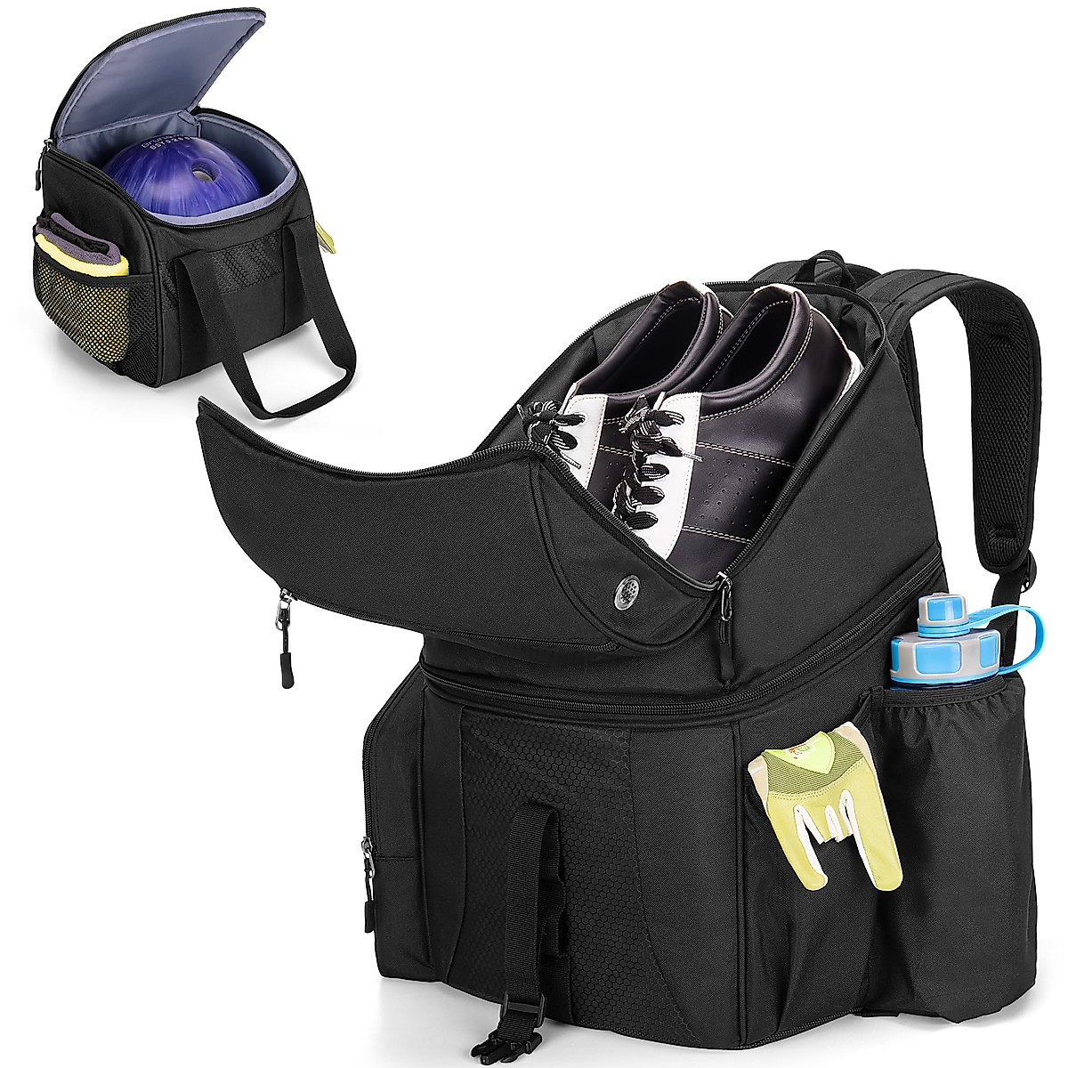 DSLEAF Bowling Backpack and Separate Ball Bag Combo, Bowling Ball Bag with Wooden Ball Holder and Shoe Compartment Hold A Pair of Shoes US Mens 16 and Multi-Pockets for Accessories (Patent Design)