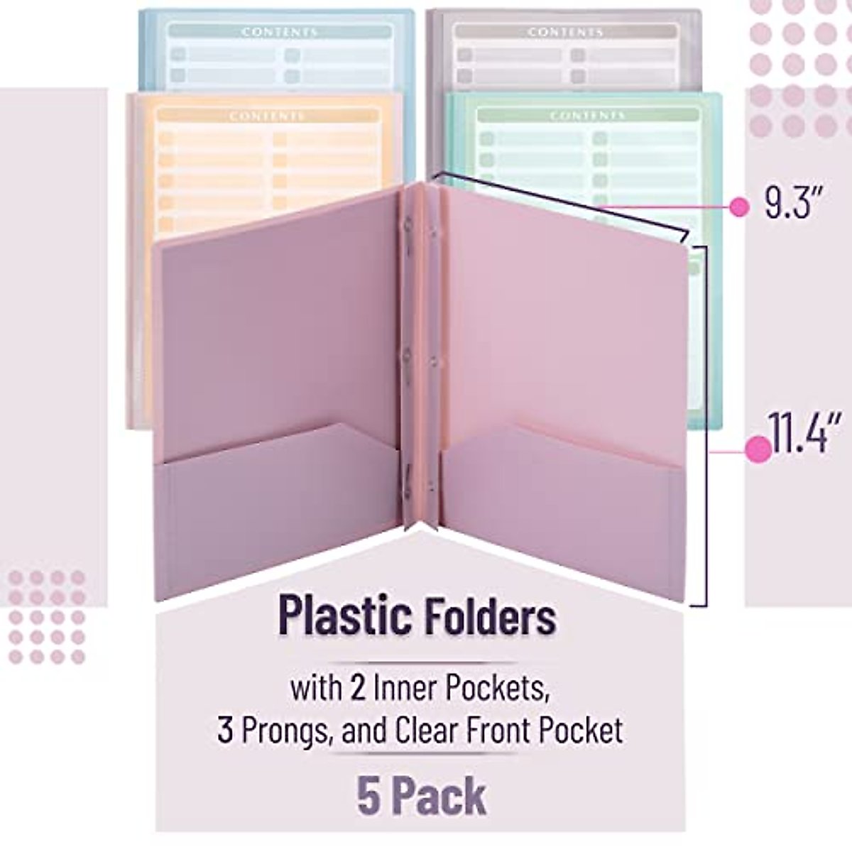 Mr. Pen- Plastic Folders with Clear Front Pocket, 5 pcs, Pastel Colors, Pocket Folders, Plastic Folders for Documents, Plastic Folders with Pockets, File Folders with Fasteners, Folder with Pockets