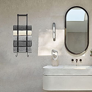 MallKing Wall Towel Rack, Bathroom Wall Mounted for Rolled Towels, Metal Towel Holder for Folded Large Towel Washcloths, Bath Towel Storage with 4 Hooks (Matte Black)