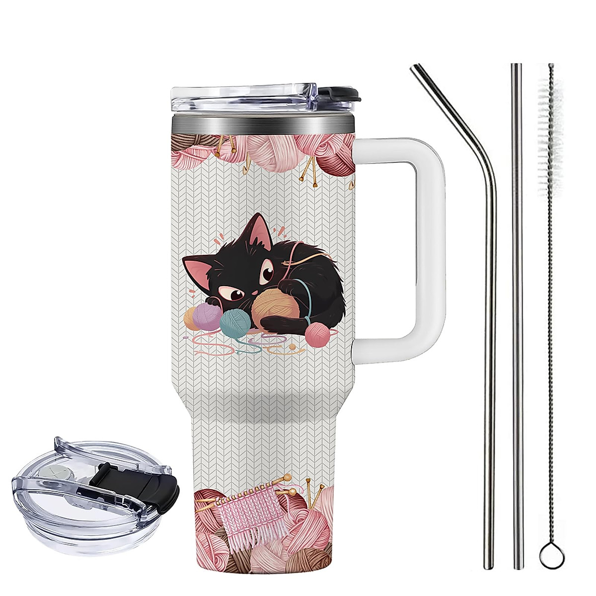 I Crochet So I Don't Choke People Save a Life Send Yarn, 40oz Cat Themed Tumbler with Handle, Birthday Gifts for Crochet Lovers, Christmas Gifts, Funny