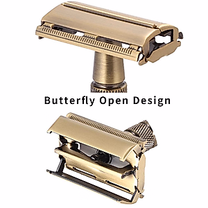 Yintal Double Edge Safety Razors,Classic Men Shaving Butterfly Open Razor - Bronze Long Handle Women Razors With 5 Blades,Reusable Metal Brass Manual Shaver Close Comb