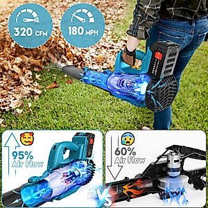 Cordless Leaf Blower Battery Powered 21V 4000mAh, 320 CFM 180 MPH Brushless Axial Electric Blower W/Battery and Charger, Turbo Fan 6 Variable Speed Leaf Blower for Lawn Care Patio Driveway Snow Dust