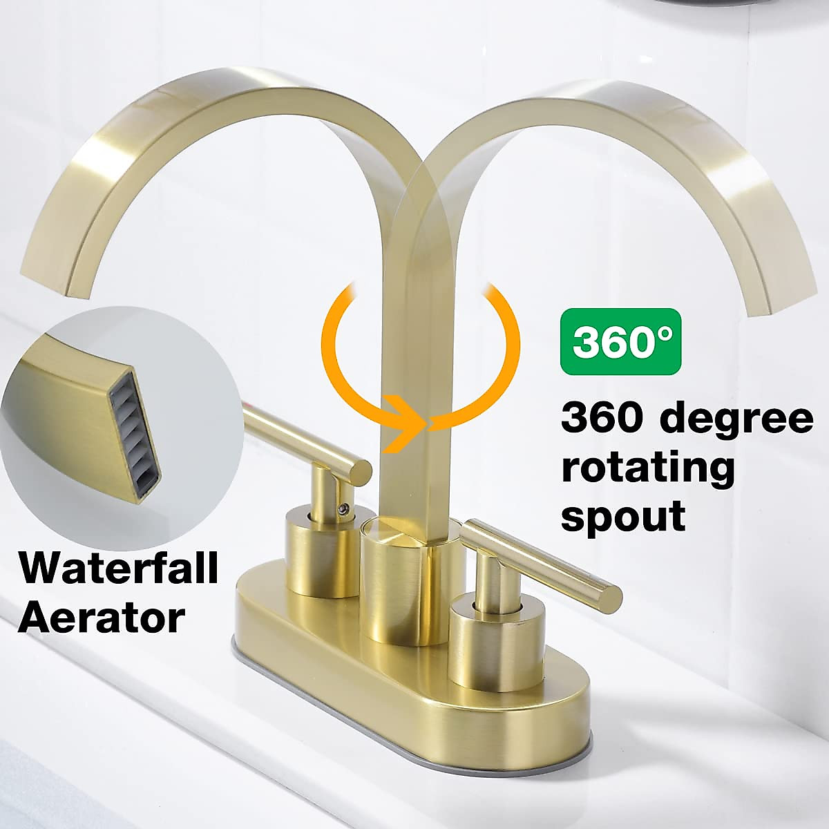 TRUSTMI Bathroom Faucet Gold 2 Handle Lavatory Basin Sink Faucet Swivel Waterfall 4 Inch Centerset Vanity Faucet with Overflow Pop Up Drain Assembly, Brushed Gold