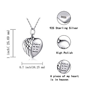 925 Sterling Silver Angel Wing Heart Urn Pendant Necklace For Ashes - A piece of my heart is in heaven Memorial Keepsake Cremation Jewelry (Wing)