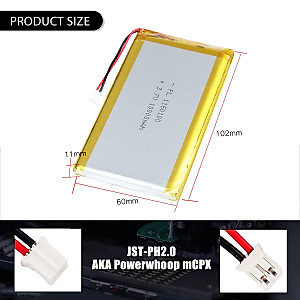 AKZYTUE 3.7V LiPo Battery 1160100 10000mAh Lithium Rechargeable Battery with PH2.0mm JST Connector for Raspberry Pi UPS Board