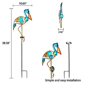 Asense Garden Solar Lights Pathway Stake Outdoor Metal Sculpture Art Decor, Solar Powered LED Lights for Lawn Patio Courtyard, Blue Flamingo with Crackle Glass Ball