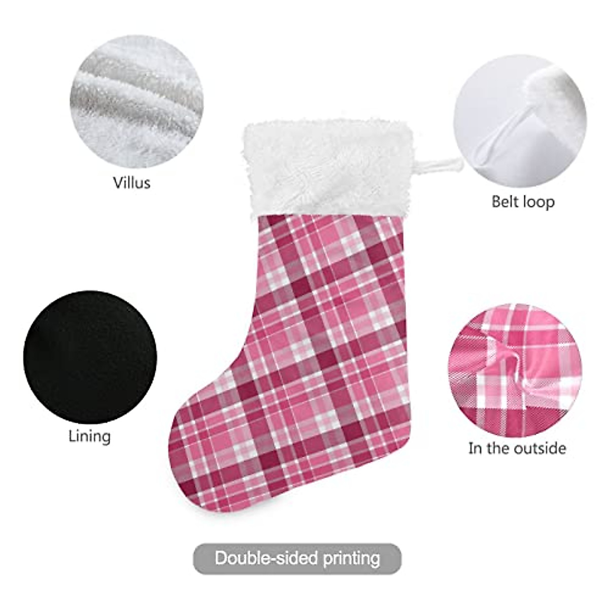 Kigai Christmas Stockings Pink Buffalo Plaid Large Candy Stockings Stuffers Kids Cute Xmas Sock Decorations 1PC for Home Holiday Party 12" x18"