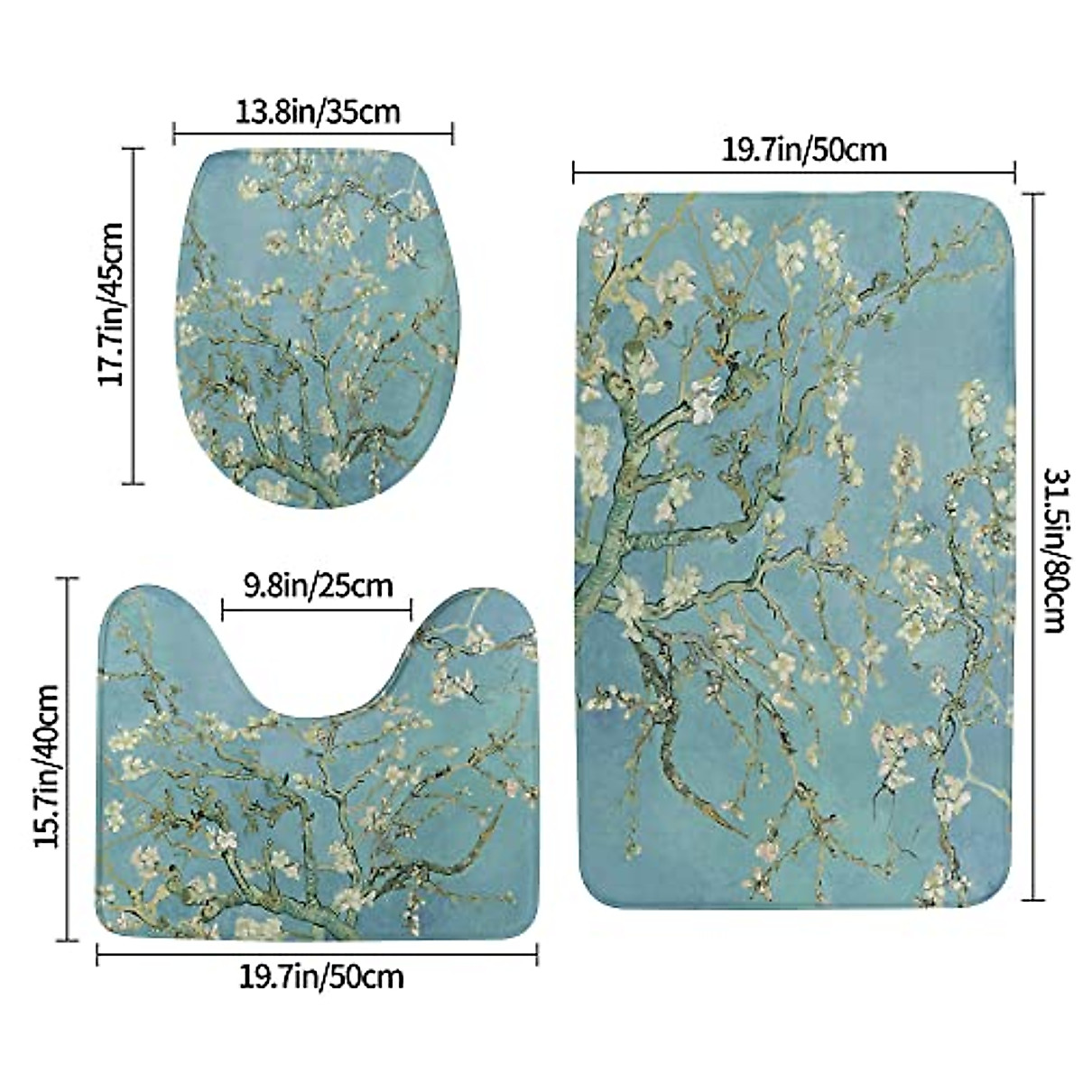 Almond Blossom by Vincent Van Gogh Paintings Bathroom Rugs Mats Set 3 Piece Soft Bath Mat Contour Mat Toilet Lid Cover