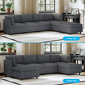 Mjkone Convertible Sofa Couch, Modern U Shaped Sofa with Tufted Back Cushion, 6 Seat Oversized Sectionals Sofa Couch with Ottomans for Living Room/Apartment/Office (Beige)