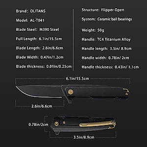 OLITANS T041 Pocket Knife, 2.6'' M390 Steel Blade Titanium handle, Small EDC Knife with Pocket Clip for Men Women, 1.8 oz(Black)