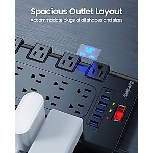 Power Strip, SUPERDANNY Surge Protector with 22 AC Outlets and 6 USB Charging Ports, 1875W/15A, 2100 Joules, 6.5Ft Flat Plug Heavy Duty Extension Cord for Home, Office, Dorm, Gaming Room, Black