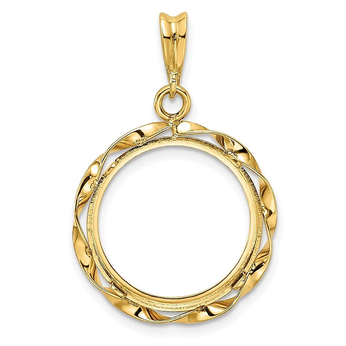Roy Rose Jewelry Gold Coin Pendant Mounting - 16.5mm Coin Size - Hand Twisted Ribbon Design Frame - 14K Yellow Gold - Prong Set with Bail