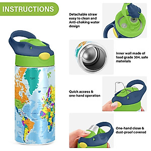 MAOBLYR 12 oz Colorful World Map Kids Water Bottle with Straw,BPA Free Spout Cover Leakproof Vacuum Insulated Stainless Steel Bottle for Boys Girls