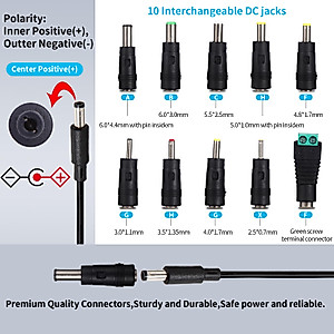 12V 2A Power Adapter Charger AC 12V Regulated Power Supply DC in 12 Volts 2000mA Power Cord with 10 Interchangeable DC Plug for 1A 1.1A 1.2A 1.3A 1.4A 1.5A 1.6A 1.7A 1.8A 1.9A 2A Electronics