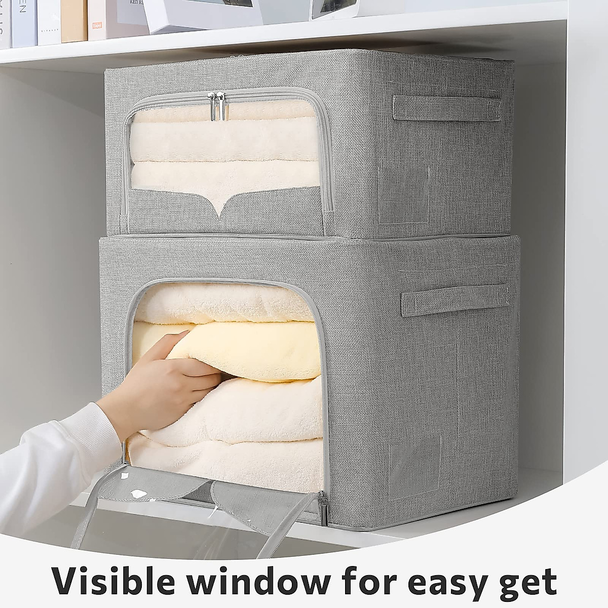 3 Pack Clothes Storage Bins - Foldable Metal Frame Storage Box - Stackable Linen Fabric Organizer Set with Carrying Handles and Clear Window (Light Gray, 15.7x11.8x7.8inch(22L))