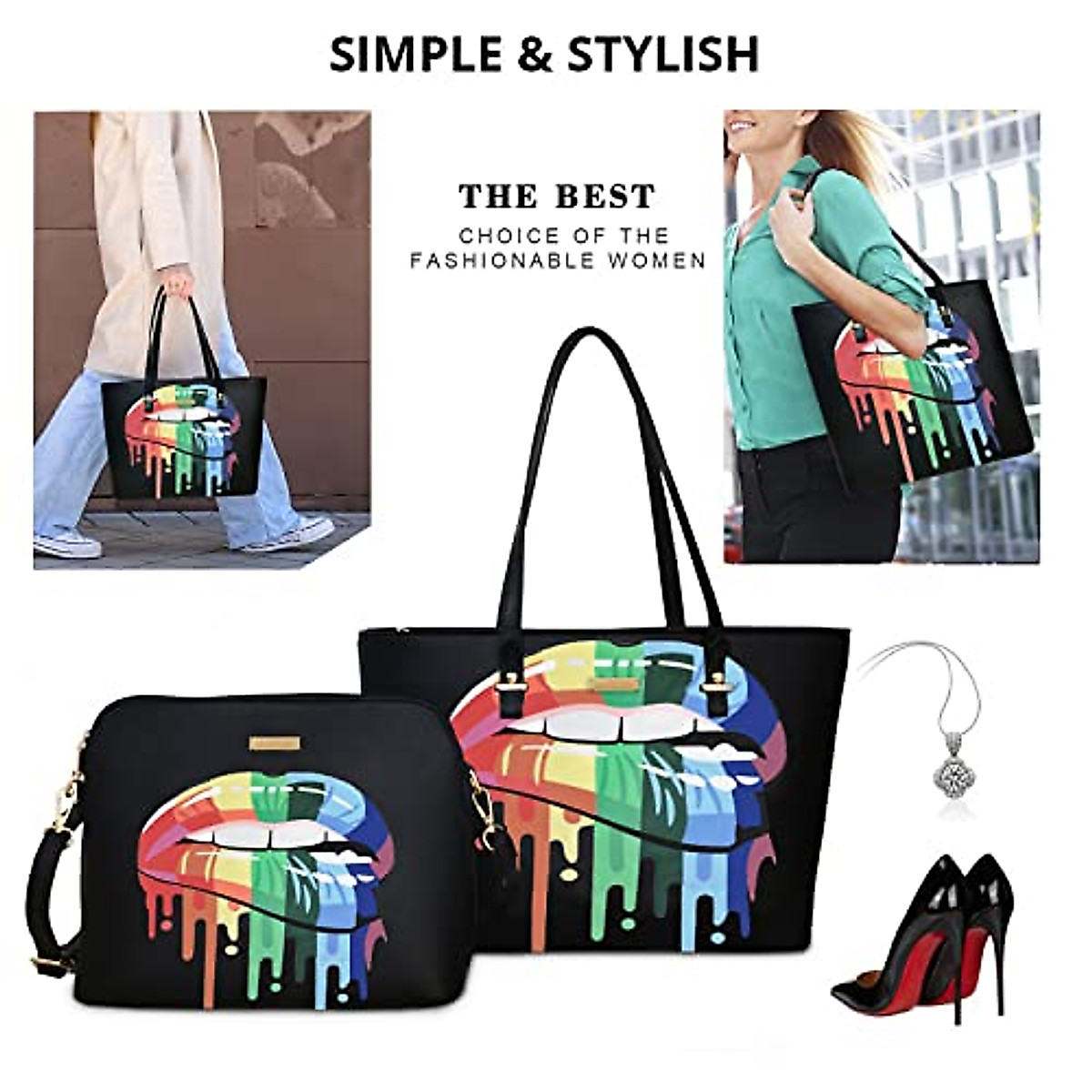 Satchel Bags for Women Fashion Handbag Leather Shoulder Bag Large Capacity Black Work Bag 2 PCS Set (Mouth)