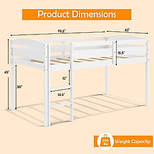 KOTEK Twin Loft Bed, Solid Wood Low Loft Bed for Kids with Ladder & Guard Rails, No Box Spring Needed, Space-Saving Loft Bed Frame for Boys & Girls (White)