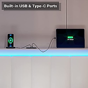 Hasuit Queen Bed Frame with 4 Storage Drawers, LED Light Queen Size Platform Bed with Charging Station, Artificial Leather Upholstered Bed with Adjustable Headboard, No Box Spring Needed