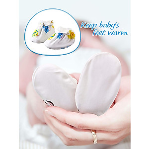 18 Pieces Newborn Cap Mitten Sock, Including 6 Pieces Newborn Hats, 6 Pairs Baby No Scratch Mittens Gloves and 6 Pairs Infant Socks for 0-6 Months Unisex Baby Boys Girls Set Multicoloured