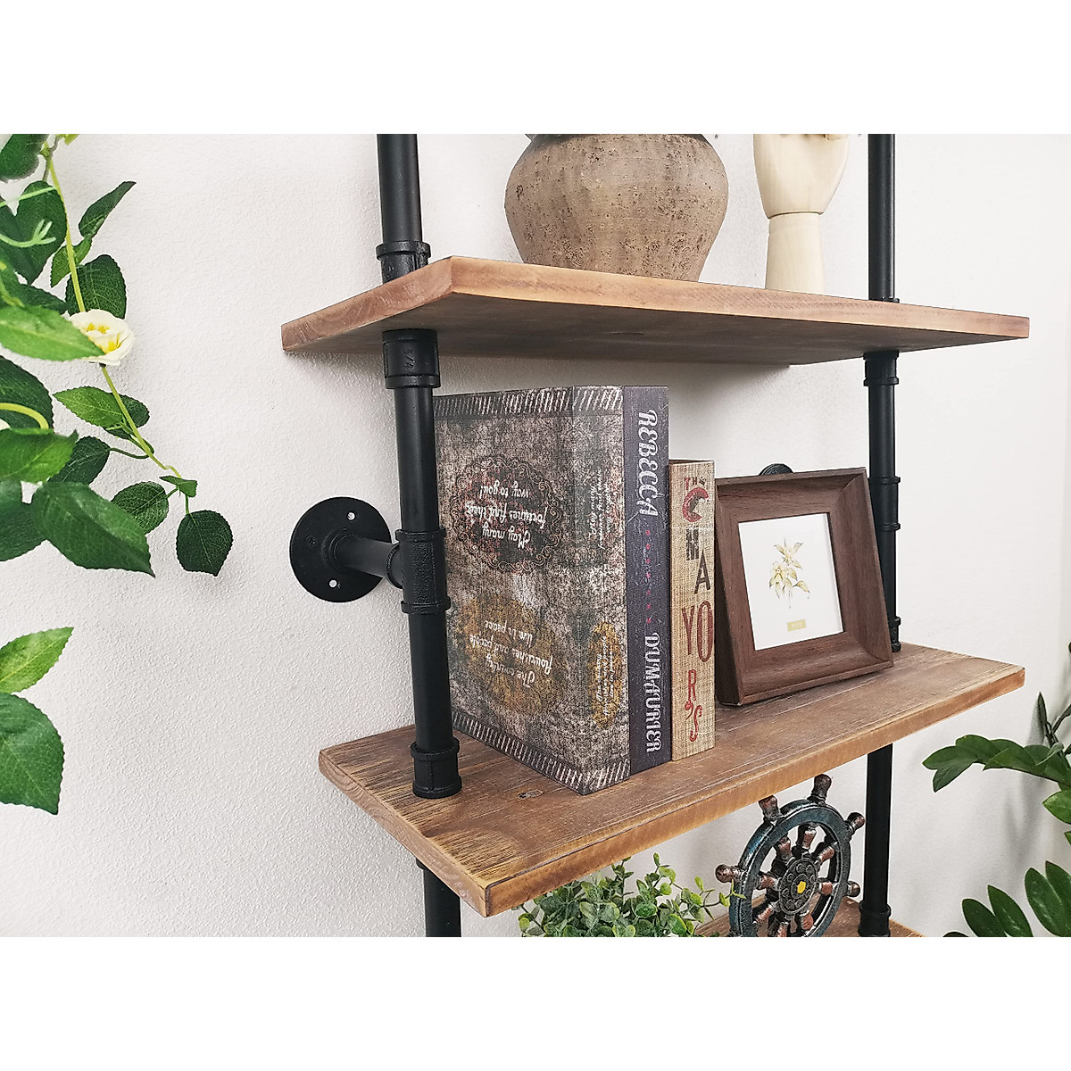 Anynice Industrial Ladder Pipe Shelves, Wall Mounted Rustic Bookshelf, Retro Metal Wood Bookcases (Weathered Brown, 6 Tier - 10" D x 24" W x 82.5" H)