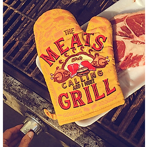 The Meats are Calling and I Must Grill Oven Mitt Funny Backyard Bar-B-Que BBQ Kitchen Glove Funny Graphic Kitchenwear Funny Food Novelty Cookware Yellow Oven Mitt