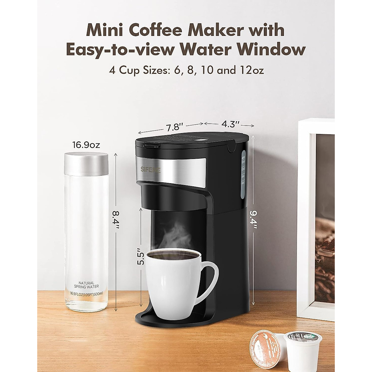 SIFENE Mini Coffee Maker Single Serve Instant Coffee Brewer, One Cup for K Pod & Ground Coffee, Capsule Coffee Machine with Water Window and Descaling Reminder (Black)