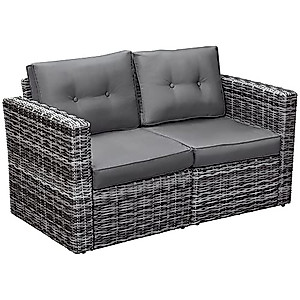 Outsunny 2 Piece Patio Wicker Corner Sofa Set, Outdoor PE Rattan Furniture, with Curved Armrests and Padded Cushions for Balcony, Garden, or Lawn, Lawn, Grey