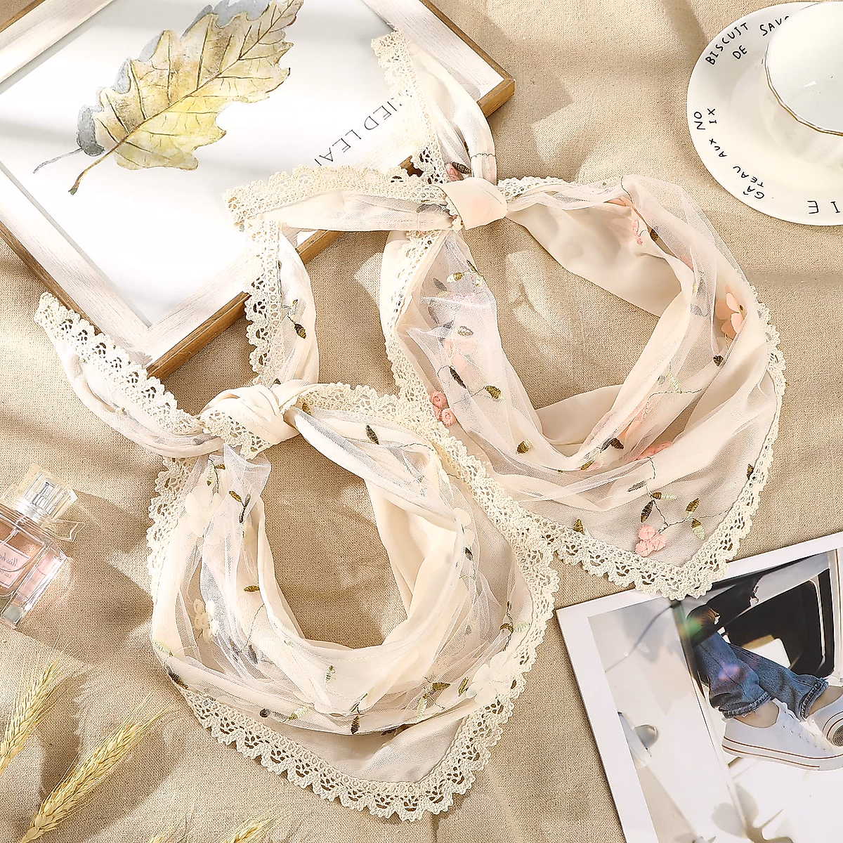 AWAYTR 2Pcs Floral Hair Bandanas Tie-back Head Kerchief for Women Flower Mesh Hair Scarves Lightweight Triangular Head Scarf (Lace trim(Beige/Pink))