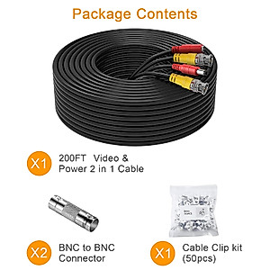 WILDHD 200ft Bnc Cable All-in-One Siamese Video and Power Security Camera Cable, Extension Wire Cord with 2 Female Connectors for All Max 5MP HD CCTV DVR Surveillance System (200ft Cable, Black)