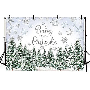 MEHOFOND 7x5ft Winter Baby Shower Backdrop Baby It's Cold Outside Snowflake Forest Pine Tree Green Photography Background Baby Shower for Boys Party Banner Decorations Photo Booth Props