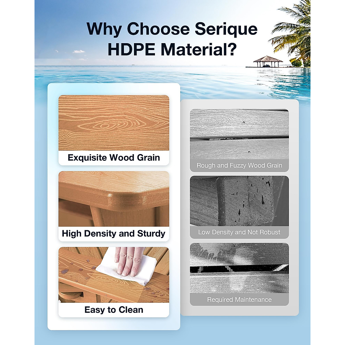 Serique Folding Adirondack Chair, Patio Chair Wood Texture, Outdoor Chair Weather Resistant, Lawn Chair with Cup Holder, Fire Pit Chair for Deck, Outdoor, Porch, Backyard, Garden (Teak)