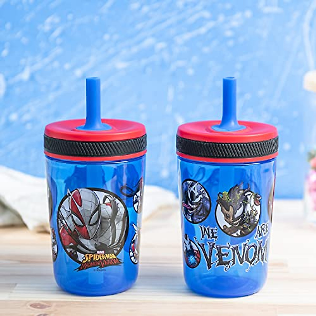 Zak Designs Marvel Spider-Man and Venom Kelso Tumbler Set, Leak-Proof Screw-On Lid with Straw, Made of Durable Plastic and Silicone, Perfect Bundle for Kids (15 oz, 2pc Set)