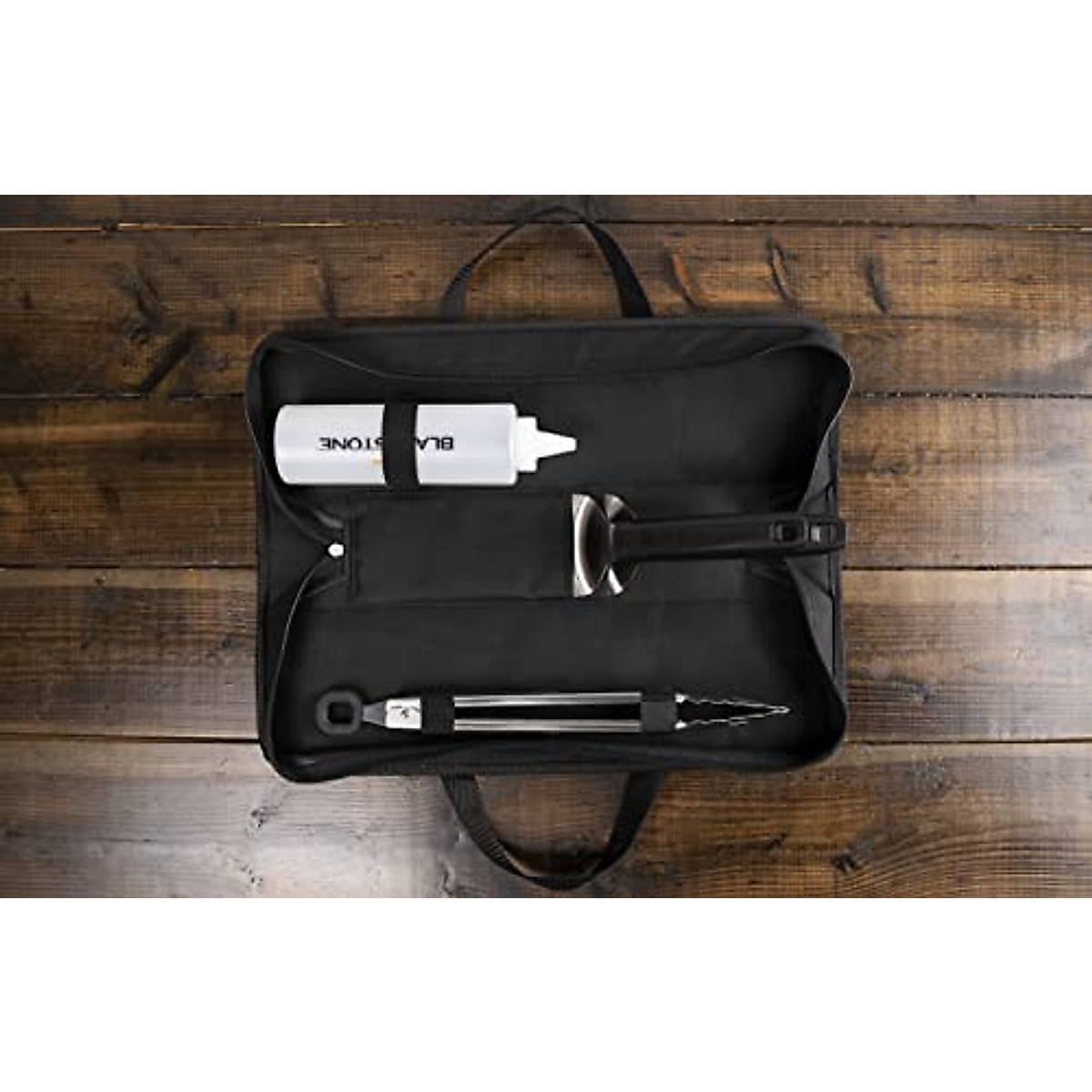Blackstone 5481 Tabletop 5 Piece Griddle Tool Kit- Outdoor Indoor Grill BBQ Utensils, 2 Stainless Steel Spatulas, 1 Classic Tong, 16Oz Squeeze Bottle, 1 Portable Carry Bag, Black, Silver, White