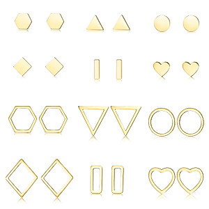 JOERICA Gold Tone Geometric Minimalist Stud Earrings for Women Simple Rhombus Hexagon Triangle Bar Heart Circle Earrings Set