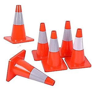 Reliancer 6PCS 18" Traffic Cones PVC Safety Road Parking Cones Weighted Hazard Cones Construction Cones for Traffic Fluorescent Orange w/4" Reflective Strips Collar
