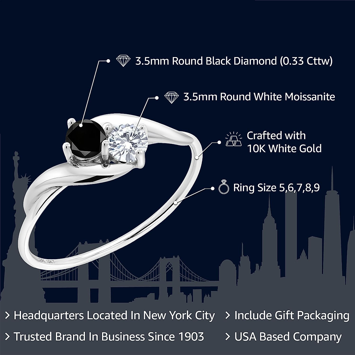 Gem Stone King 10K White Gold Black Diamond and White Moissanite 2-Stone Engagement Ring For Women (0.33 Cttw, Round 3.5MM, Available In Size 5, 6, 7, 8, 9)