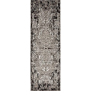 Unique Loom Botanical Collection Distressed, Bohemian, Vintage, Victorian, Indoor and Outdoor Area Rug, 2 ft x 6 ft, Light Gray/Black