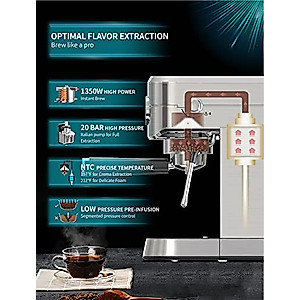 Gevi 20 Bar Compact Professional Espresso Coffee Machine with Milk Frother/Steam Wand for Espresso, Latte and Cappuccino, Stainless Steel, 35 Oz Removable Water Tank (Machine)