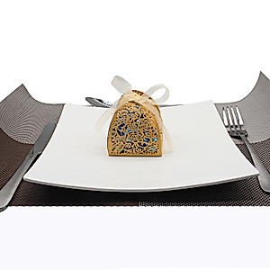 KPOSIYA Pack of 100 Laser Cut Rose Candy Boxes, Favor Boxes 2.5"x 2.5"x 3.1", Gift Boxes for Bridal Shower Anniverary Birthday Party Wedding Favor (100,Gold)
