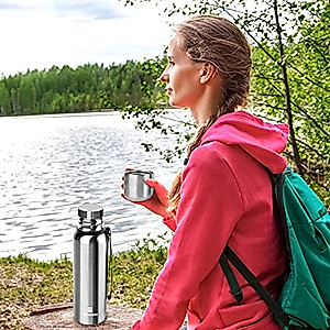 Insulated vacuum Thermo Bottle 1000ml/33oz with cup Stainless steel coffee bottles for hot and cold drink water flask.(Silver,1000ml)