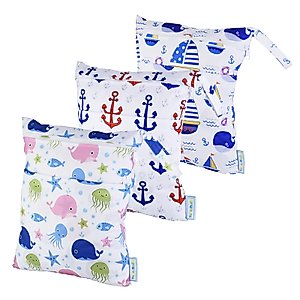 3 Pcs Cloth Diaper Wet Dry Bags Waterproof Reusable Travel Daycare Baby Pump Parts Bag for Swimsuits Clothes with Zipper (Whale + Sailing + Anchor)