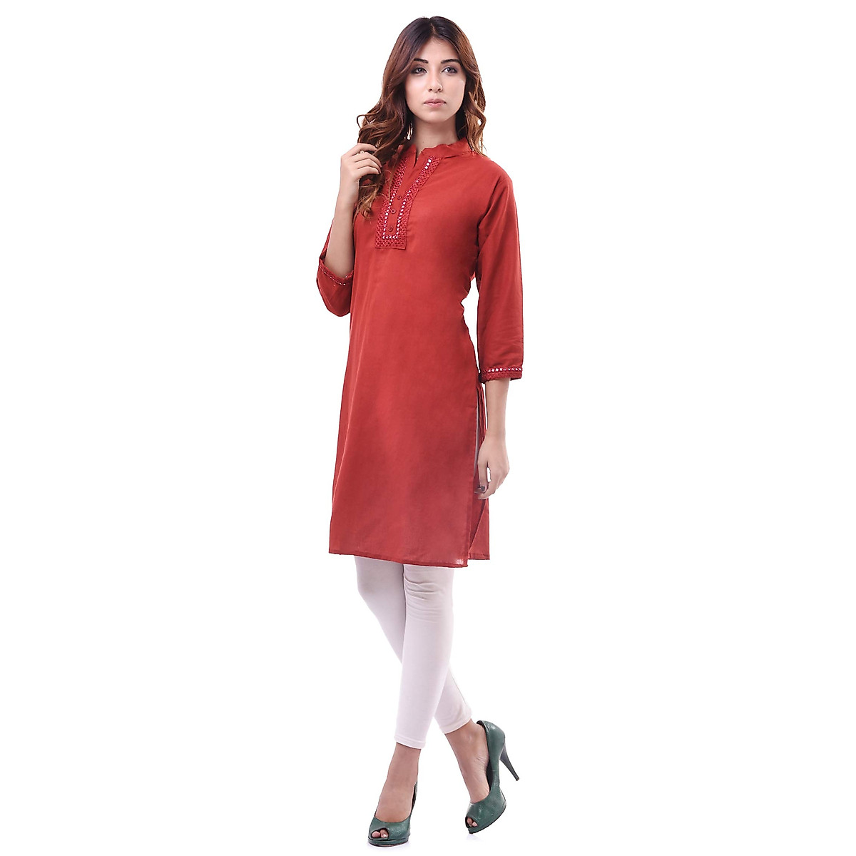 Indian Women's Plain Cotton Kurti Red Top By Chichi, XX-Large