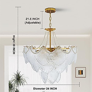 FINE MAKER Modern Glass Chandelier, 24'' Golden Vintage Chandelier for Dining Room, 3 Tiers Hanging Pendant Ceiling Light Fixture with Glass Shell Pearl Shades for Living Room, Bedroom, Kitchen