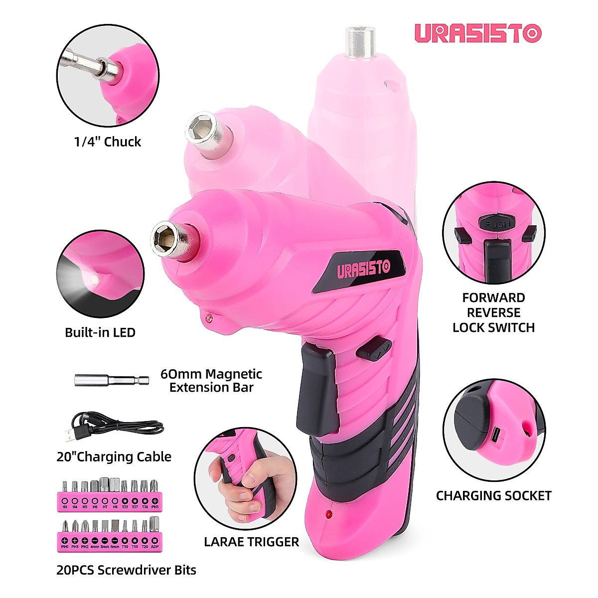 URASISTO Pink Household Tool Set with 3.6V USB Electric Screwdriver, 136 PCS Home Tool Kit with Cordless Lithium-ion Drill Driver, Hand Tool Kits for Women